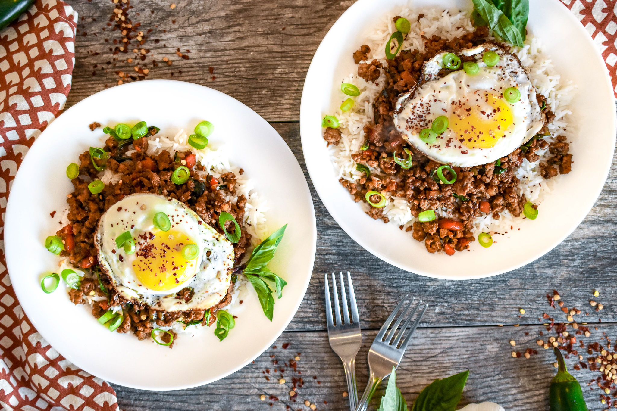 Pork, Egg & Holy Basil Rice Bowls - Peppers & Pennies